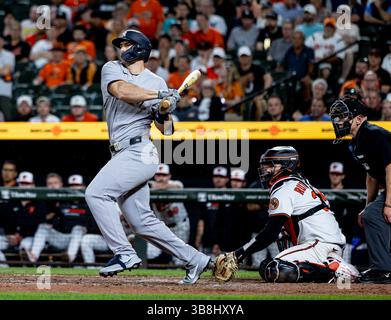 New York Yankees' Paul Goldschmidt follows the flight of his RBI triple ...