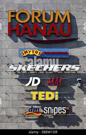 Facade of Forum Hanau with company logos at the shopping centre ...