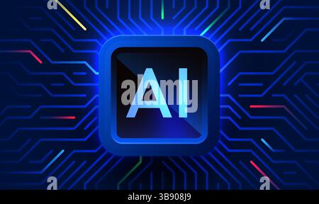 Brightly glowing AI chip on circuit board. Technology background. CPU processor on tech bg ...