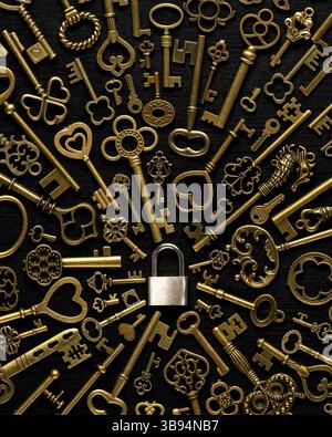 Vintage victorian style keys surrounding a single gold lock ...