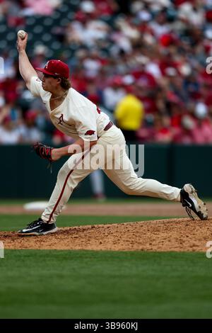 April 2, 2023: Arkansas pitcher Gage Wood #45 stares into the dug out ...