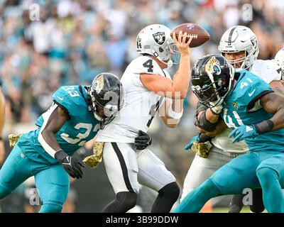 Las Vegas Raiders linebacker Devin White (45) lines up against the ...