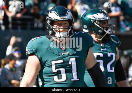 Philadelphia Eagles center Cam Jurgens (51) sets to hike the ball ...