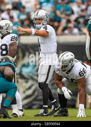 Las Vegas Raiders quarterback Derek Carr (4) looks on during an NFL ...
