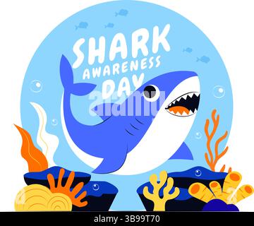 Shark Awareness Day Vector Illustration on 14 July Featuring a Shark ...