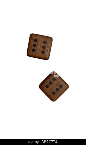 Two handcrafted wooden dice. The dice have a smooth, natural wood grain ...