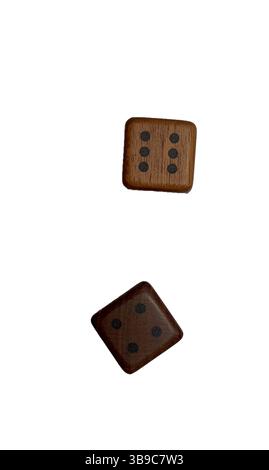 Two handcrafted wooden dice. The dice have a smooth, natural wood grain ...