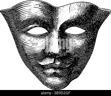 Engraved theatre mask illustration with bold black lines for artistic ...