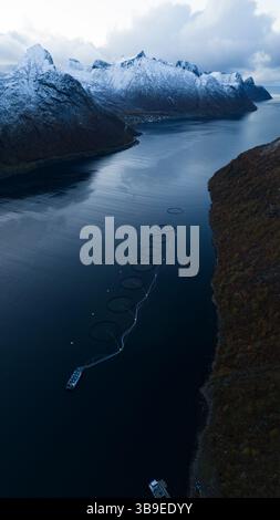 An aerial top down of a Norwegian Fish Cage. Located in the arctic ...