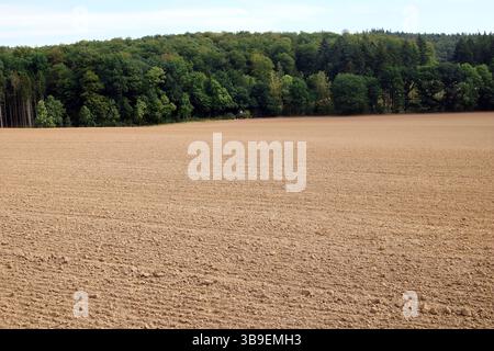 Harvested field, ploughed up soil, farmland in autumn, drought ...