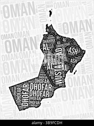 Oman map. Country poster with regions. Old grunge texture. Shape of ...