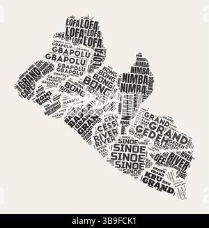 Liberia regions map word cloud. Liberia region names. Black and white ...