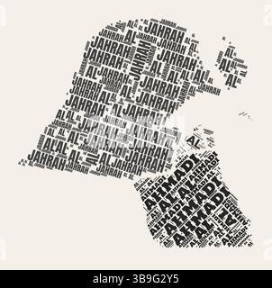Kuwait regions map word cloud. Kuwait region names. Black and white map ...