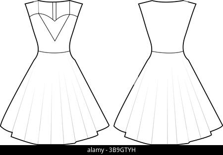Minimalist Line Art of a Vintage Flared Dress – Front and Back View for ...