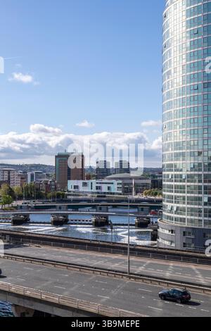 The Obel Tower and the M3 motorway, Belfast city centre, Northern ...