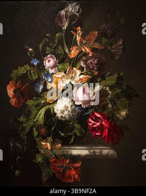 Anna Ruysch, flowers in a glass vase on marble table, oil on canvas ...