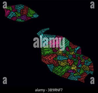 Malta regions map word cloud. Malta region names. Black and white map ...