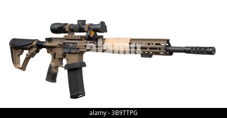 Custom tan AR-style rifle with mounted optic and muzzle brake, isolated ...