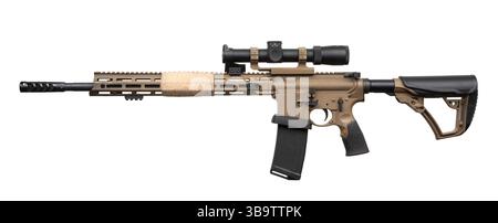 Custom tan AR-style rifle with mounted optic and muzzle brake, isolated ...