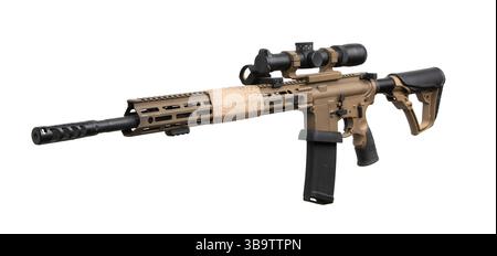 Custom tan AR-style rifle with mounted optic and muzzle brake, isolated ...