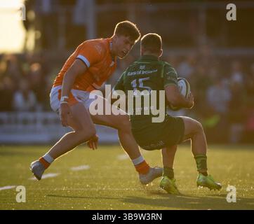 Galway, Ireland. 10th May, 2025. Connacht's Finn Treacy scores a try ...