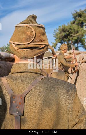 Turkish troops, lined up in formation, preparing to climb a ladder over ...