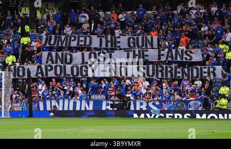 Rangers fans in the stands hold up a knight tifo ahead of the UEFA ...