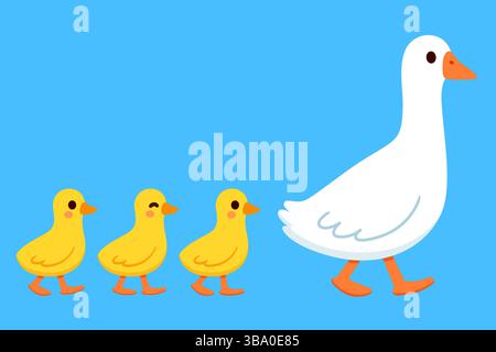 Cute cartoon goose walking with three baby goslings. Black and white ...