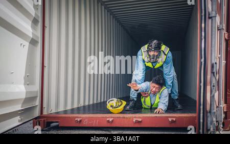 Engineer wear PPE urgently assisted the male technique inside container ...