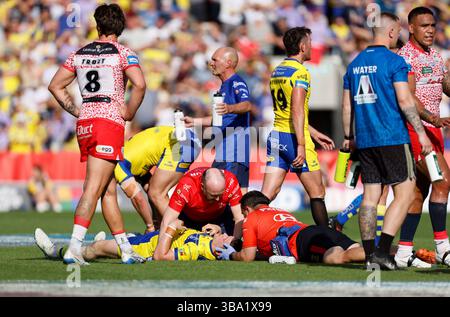 Warrington's Josh Thewlis receives treatment during the Betfred ...