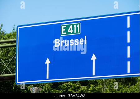 Blue Belgian road signs in Auderghem, Brussels, Belgium. 10 May 2025 ...