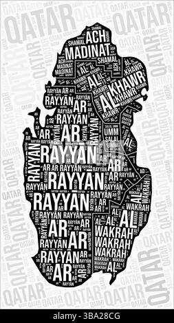 Qatar map design. Country names in different languages and map shape ...