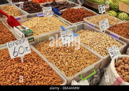 Kyrenia, Cyprus - August 1st, 2018: Variety of nuts displayed on local ...
