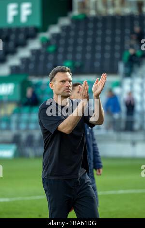 Aalborg, Denmark. , . Head coach Kristoffer Wichmann (R) of AaB seen ...