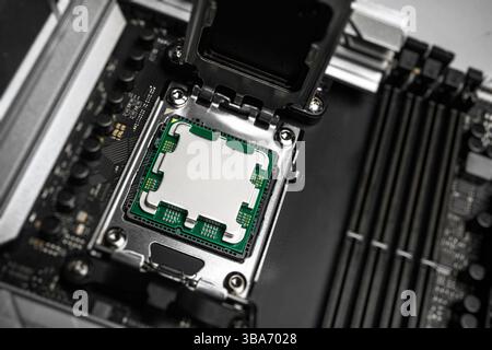 A central processing unit is securely seated in a motherboard socket ...