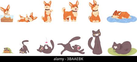 Cat and dog cartoon characters growing vector illustrations set Stock ...