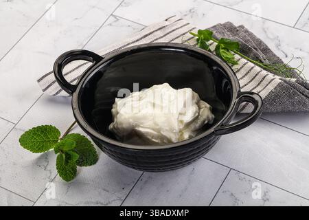 Traditional soft dietary Greek yoghurt served mint leaves Stock Photo ...