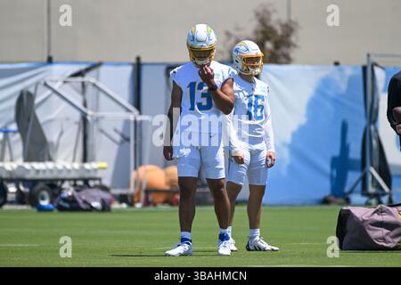 Los Angeles Chargers quarterback DJ Uiagalelei (13) and Justin Herbert ...
