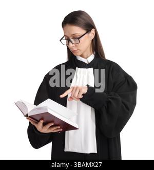 Judge in glasses reading book on white background Stock Photo - Alamy