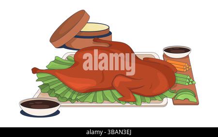 Peking duck with dipping sauces and sliced vegetables outline ...