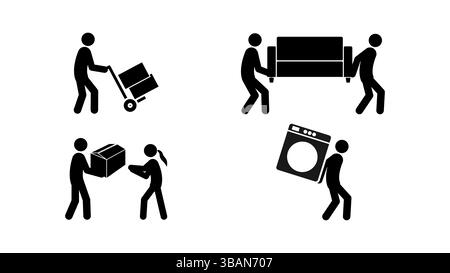 Set of stick figures, professional movers and parcel delivery, flat ...