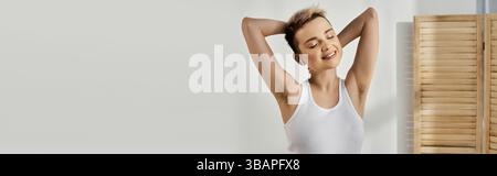 Young woman radiates joy and confidence while embracing warm summer ...