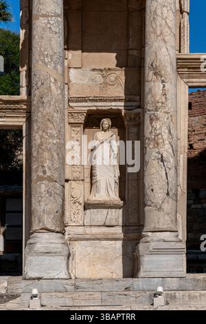 Ancient, decorated facade of the Celsus Library with ornamental details ...