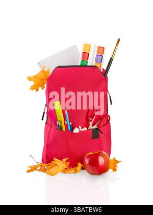 Red backpack for school with flying autumn leaves on white background ...