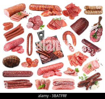 Delicious processed meat products on white background, collage Stock ...