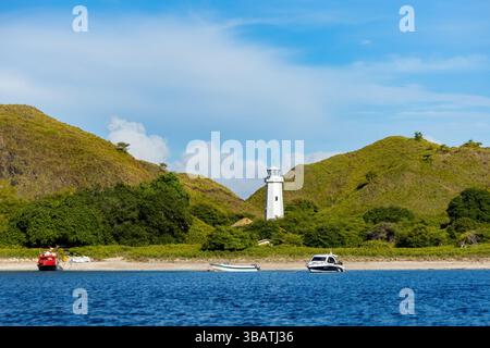 White lighthouse on the Padar island in Komodo national park Indonesia ...