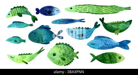 watercolor cartoon fish green illustration isolated white background ...