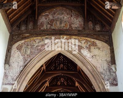 Medieval doom painting, interior of the church of St Peter, Wolferton ...