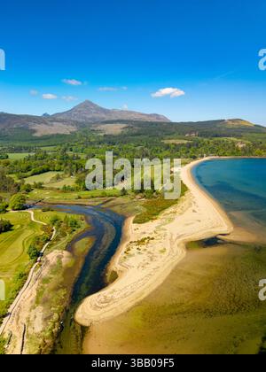 Aerial view from drone of Brodick Golf course and Cladach Beach ...