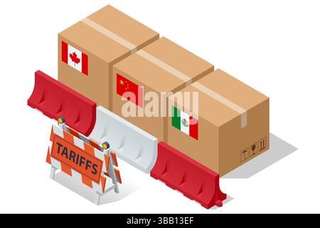Isometric vector of trade restrictions symbolized by blocked boxes ...